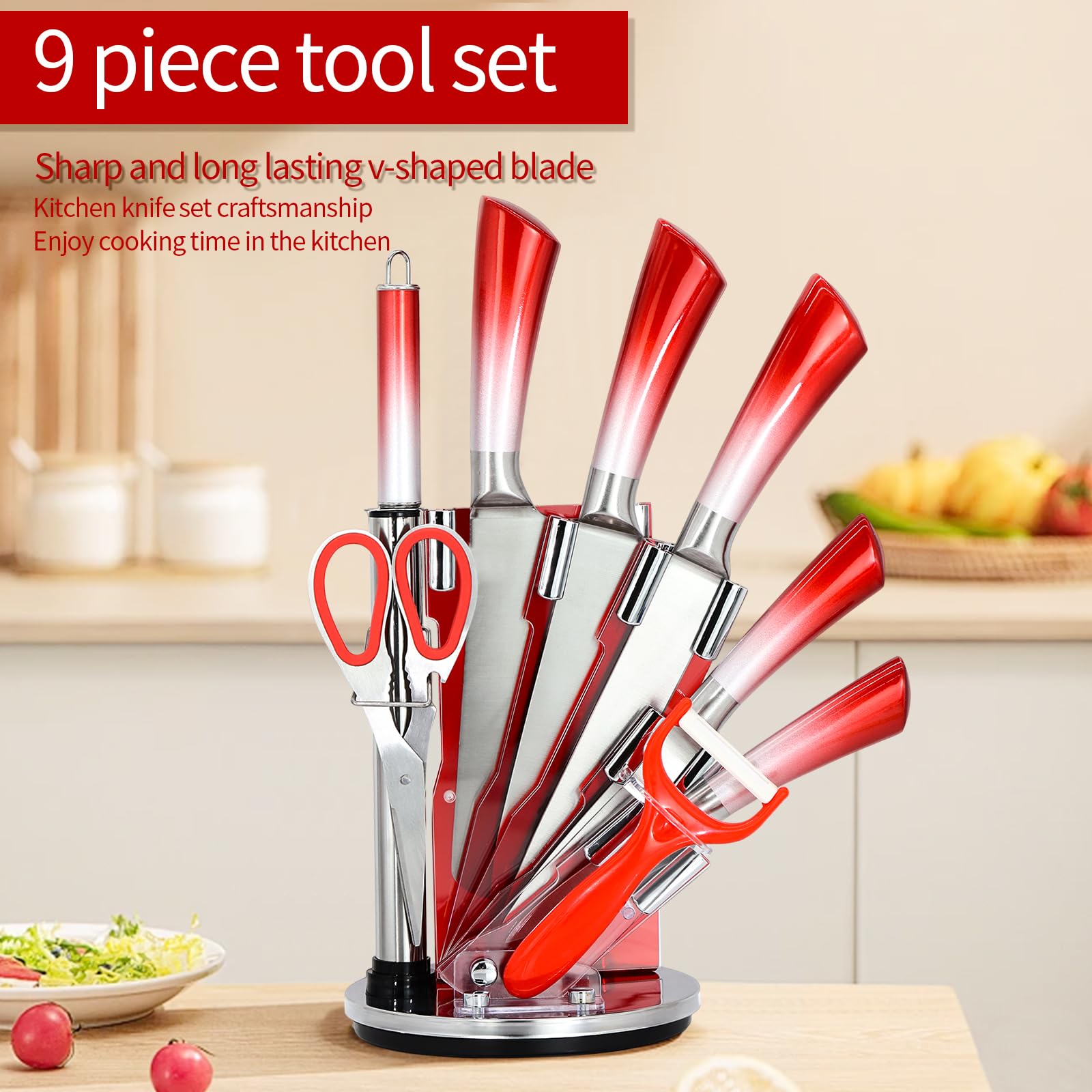 Kitchen Knife Set, 9-Piece Red Knives Set for Kitchen, Non Stick Sharp Stainless Steel Chef Knife Set with Block Sharpener, Ideal for Kitchen Decor (Red)