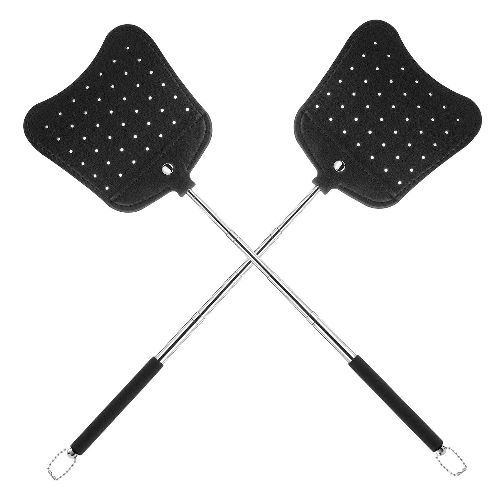 Foxany Leather Fly Swatter, Telescopic Fly Swatters Heavy Duty Set, Flexible Manual Flyswatters Pack, Extendable Swatter with Long Metal Handle for Indoor Outdoor, 2 Pack