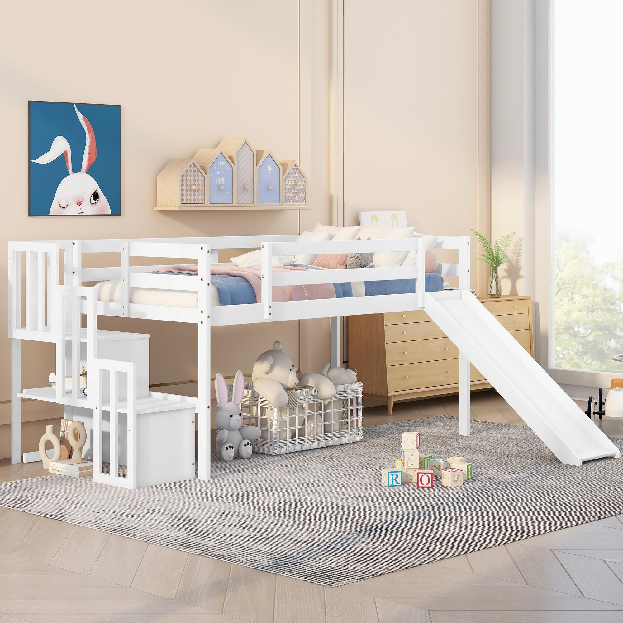 Bellemave Low Loft Bed for Kids,Twin Size Loft Bed with Slide and Storage Staircase,Wood Loft Bed Frame for Boys Girls Teens(White)