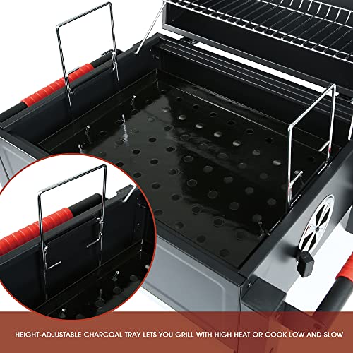 FEASTO Portable Charcoal Grill with Two Silicone Holding Handles, Tabletop grilling with 354 Square Inches Cooking Area, Convenient for outdoor Camping and Picnic, Black,L26.8’’x W20’’x H21.3’’