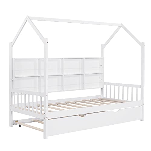 BIADNBZ Twin Size House Bed with Trundle,Wooden Kids Bedframe with Storage Shelf,Roof for Kids/Bedroom,No Box Spring Required,White