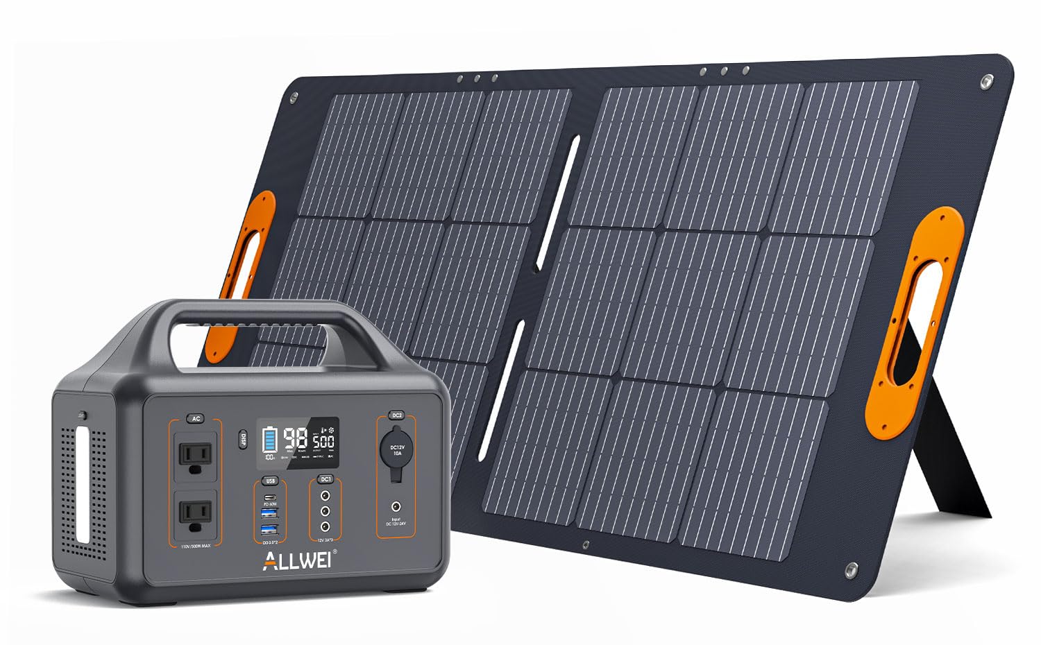 ALLWEI 500W Solar Generator(1000W Peak) with 100W Portable Solar Panel, 461Wh Portable Power Station, 3 USB-C Port PD60W, 2 AC Outlet, Solar Power Generator for Outdoor RV Camping CPAP Emergency