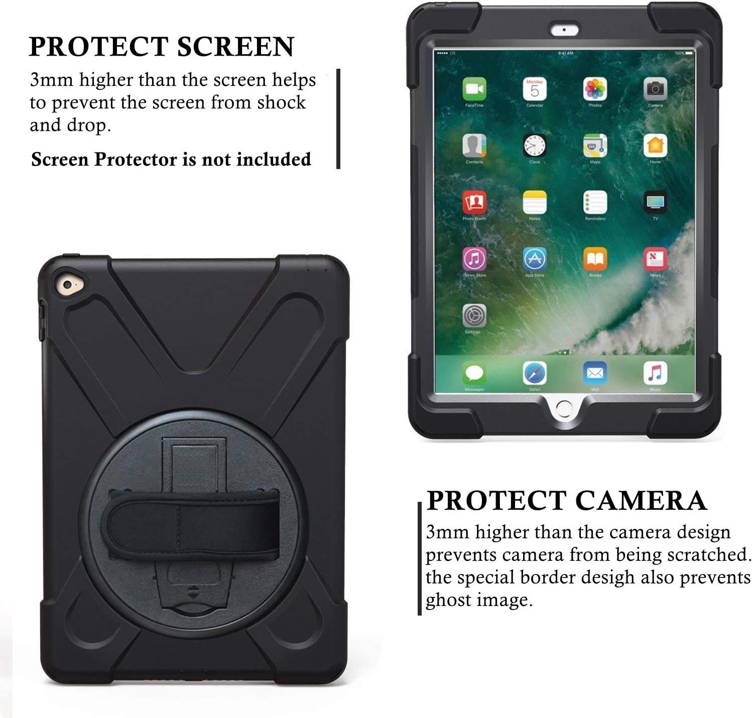 TSQ iPad Air 2 Case for Kids A1566 A1567 2014 with Rotating Stand Hand Strap | Military Grade Heavy Duty Rugged Shockproof Protective Cover Case for iPad Air 2nd Generation 9.7 Inch, Black