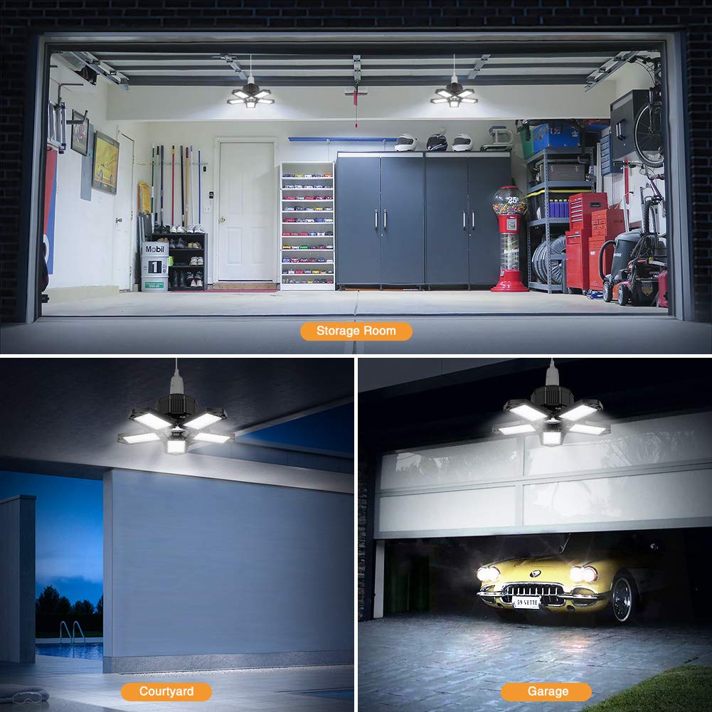 80W LED Garage Light 2 Pack, Garage Ceiling Light,8000 Lumen Adjustable Light LED Garage Day Light with Five Deformable Panels for Garage Workshop