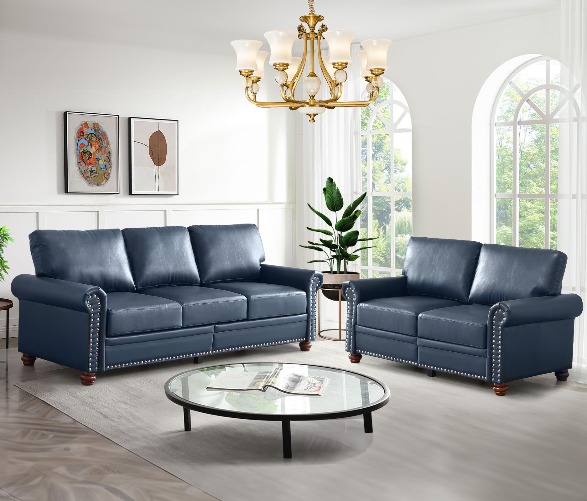 Antetek 2-Piece Comfy Upholstered PU Leather Sofa Couch Set, Mid-Century Modern Loveseat Sofa+3 Seater Couch with Storage Space for Living Room, Furniture Set, Navy Blue