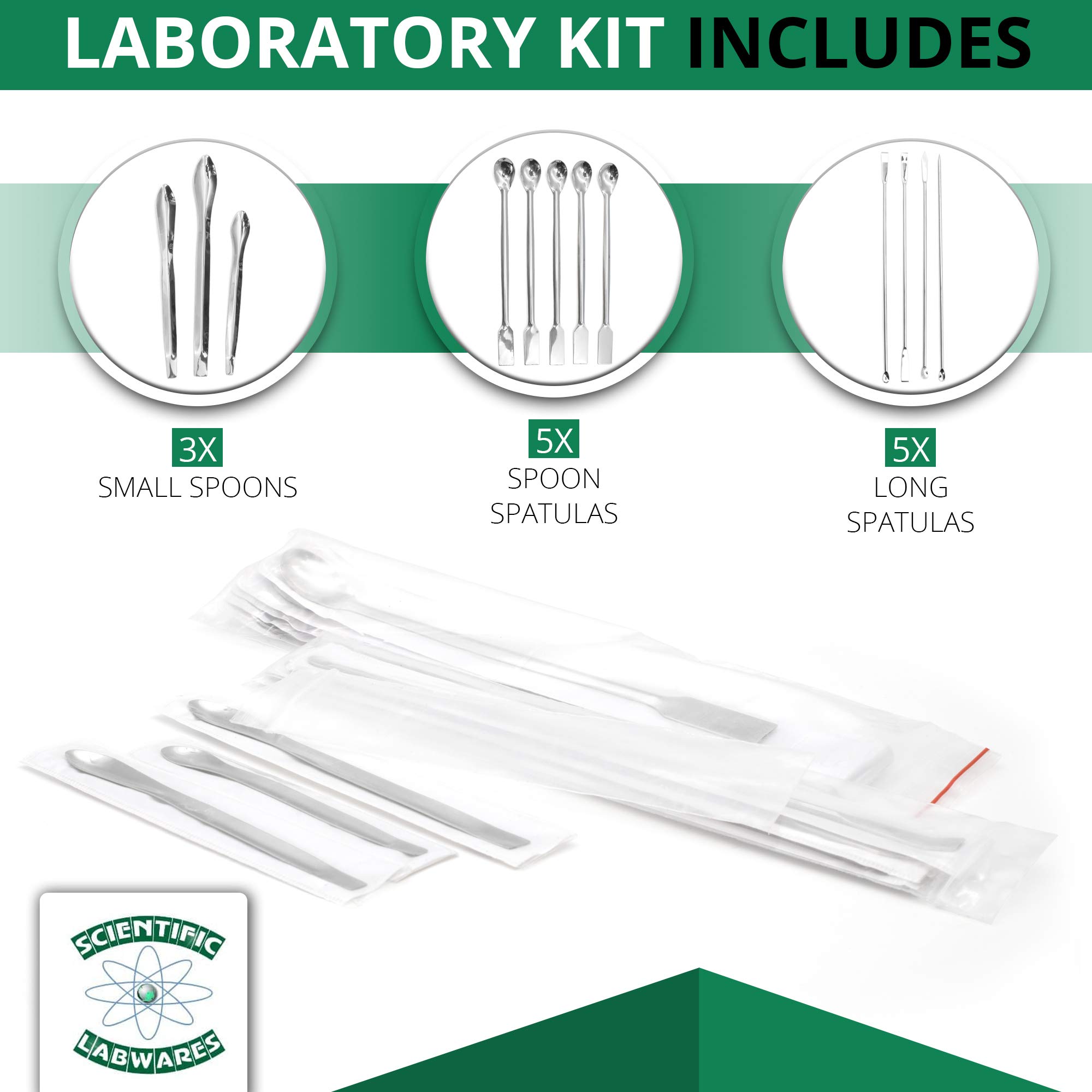 Scientific Labwares Laboratory Spoon Spatula Set - Long Handled Mixing & Measuring Equipment - Supplies for Labs, Sampling, Sculpting, Stirring, Making Makeup - Durable Stainless Steel - Set of 12