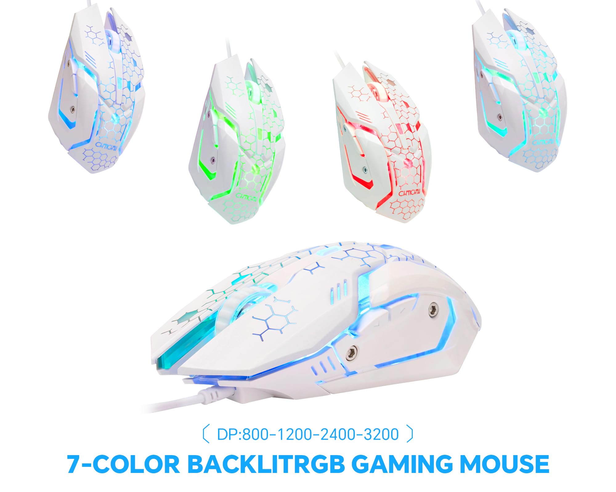 CHONCHOW Gaming Keyboard Mouse Combo Rainbow LED Backlit Ambient Light Illuminated Character Wired USB Keyboard Mice Compatible with Windows XP/7/10 iMac MacBook PS4 PS5 Xbox one(White and Black)