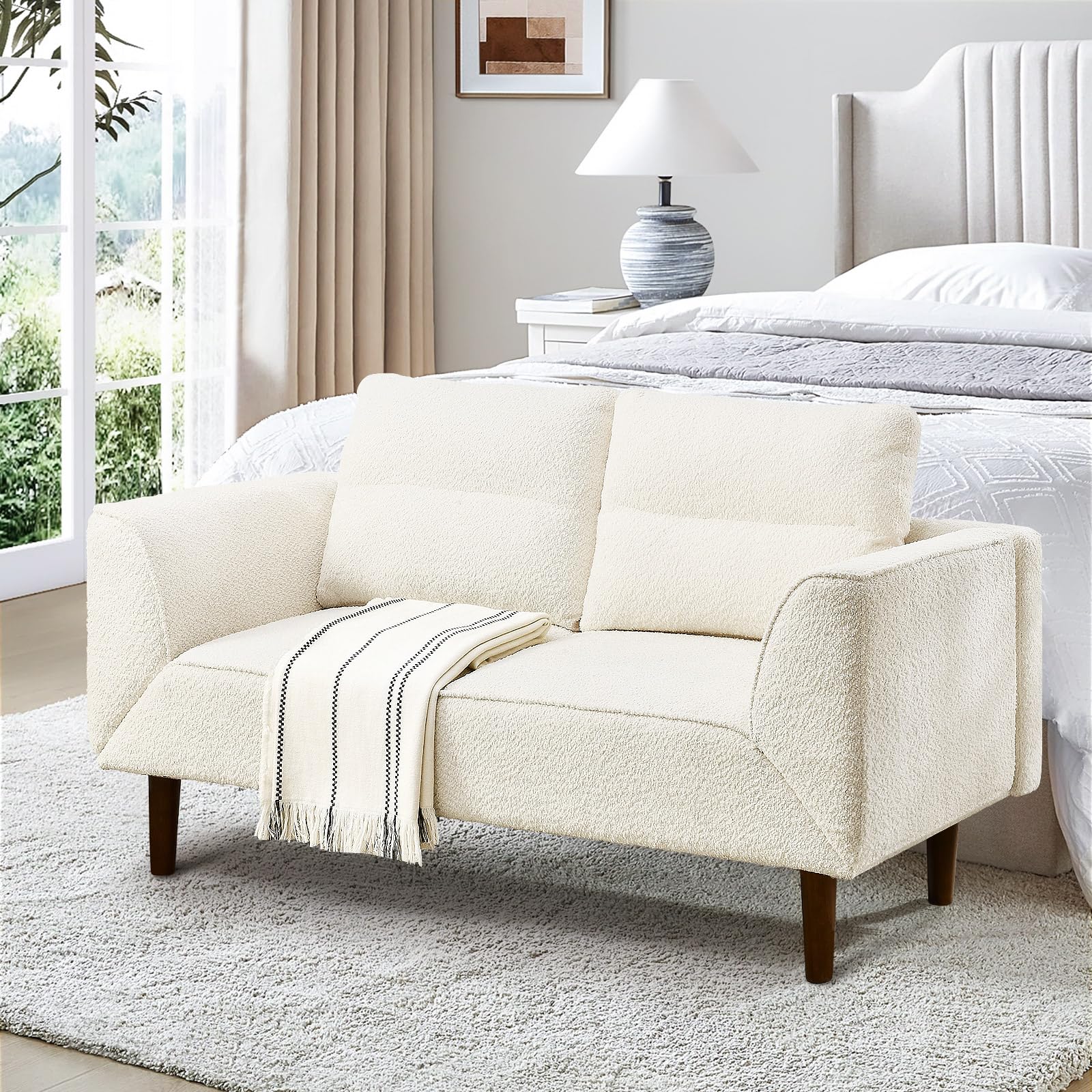 Antetek Loveseat Sofa with Adjustable Armrests, 64β Modern Futon Sleeper Sofa Bed w/Wooden Leg, Textured Boucle Comfy Love Seat Couches for Small Space, Livingroom, Apartment, Beige