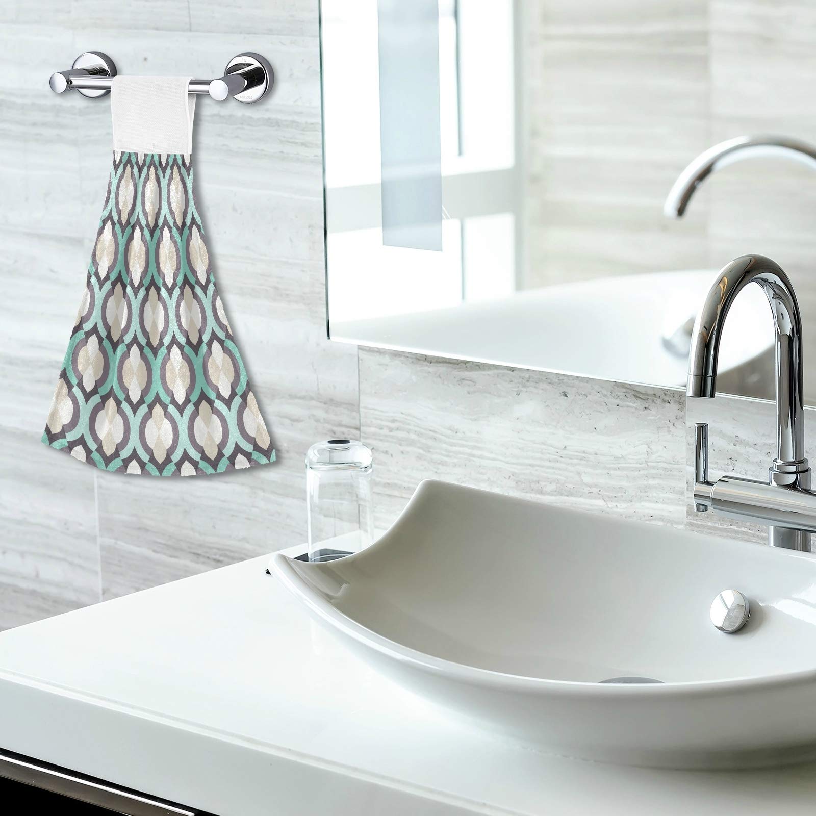 ALAZA 2 Pcs Kitchen Towel, Floral Moroccan Quatrefoil Absorbent Towel Hanging Towel Hand Towel