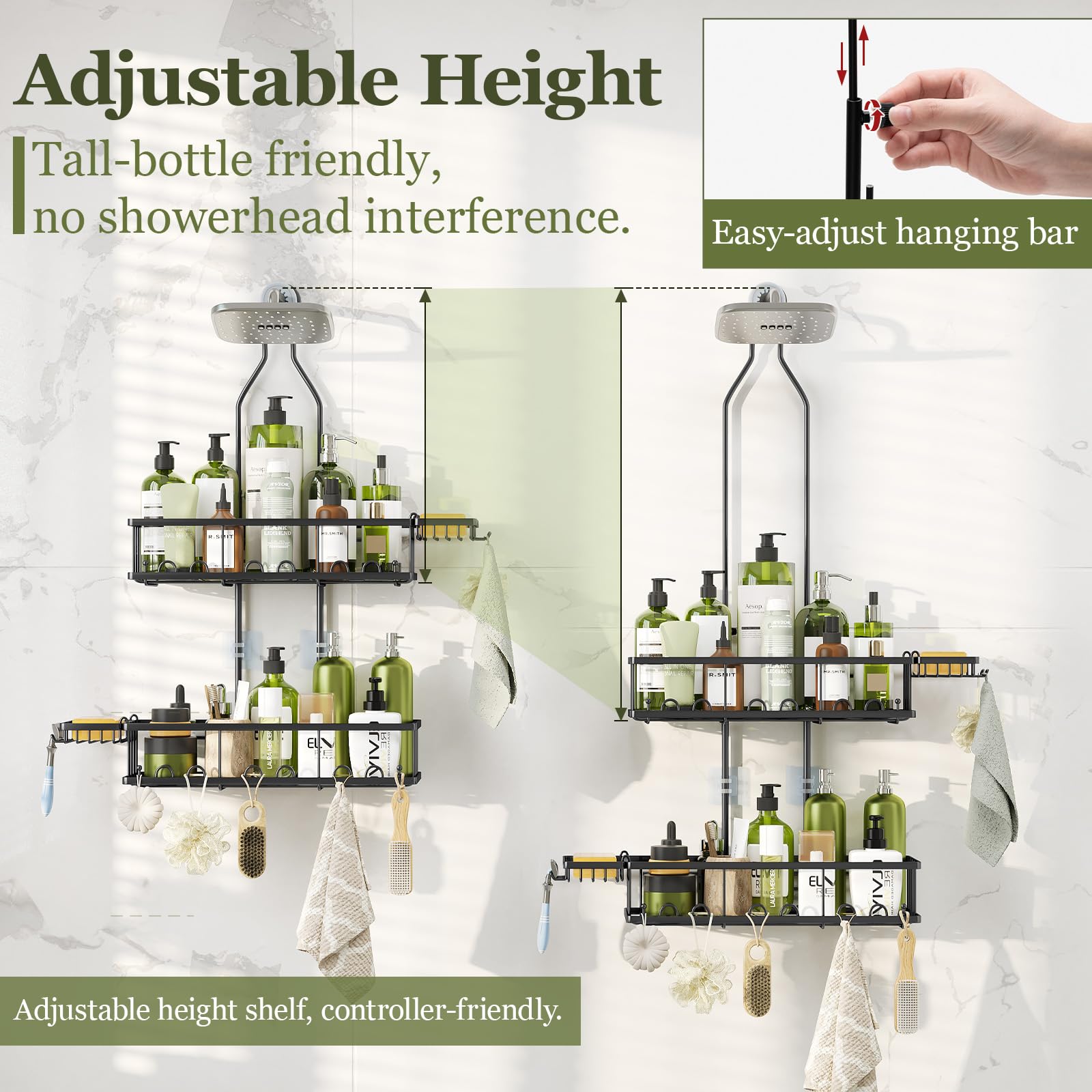 Skyapex Shower Caddy Hanging: Adjustable Height No Blocking to Shower Head - Black Shower Caddy Over Showerhead Shower Organizer - Rustproof Shower Shelves with Hooks 2 Soap Holders