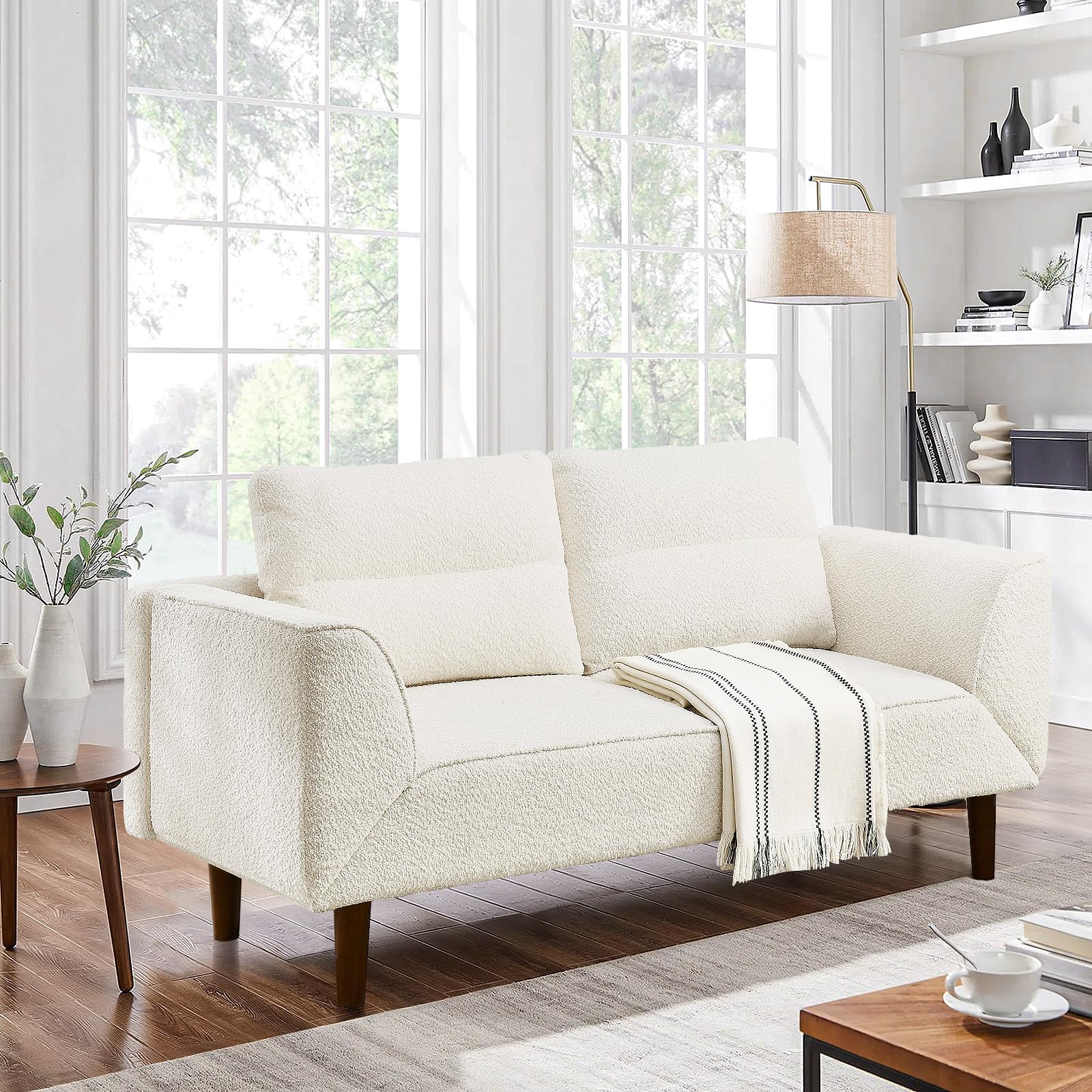 Antetek Loveseat Sofa with Adjustable Armrests, 64β Modern Futon Sleeper Sofa Bed w/Wooden Leg, Textured Boucle Comfy Love Seat Couches for Small Space, Livingroom, Apartment, Beige