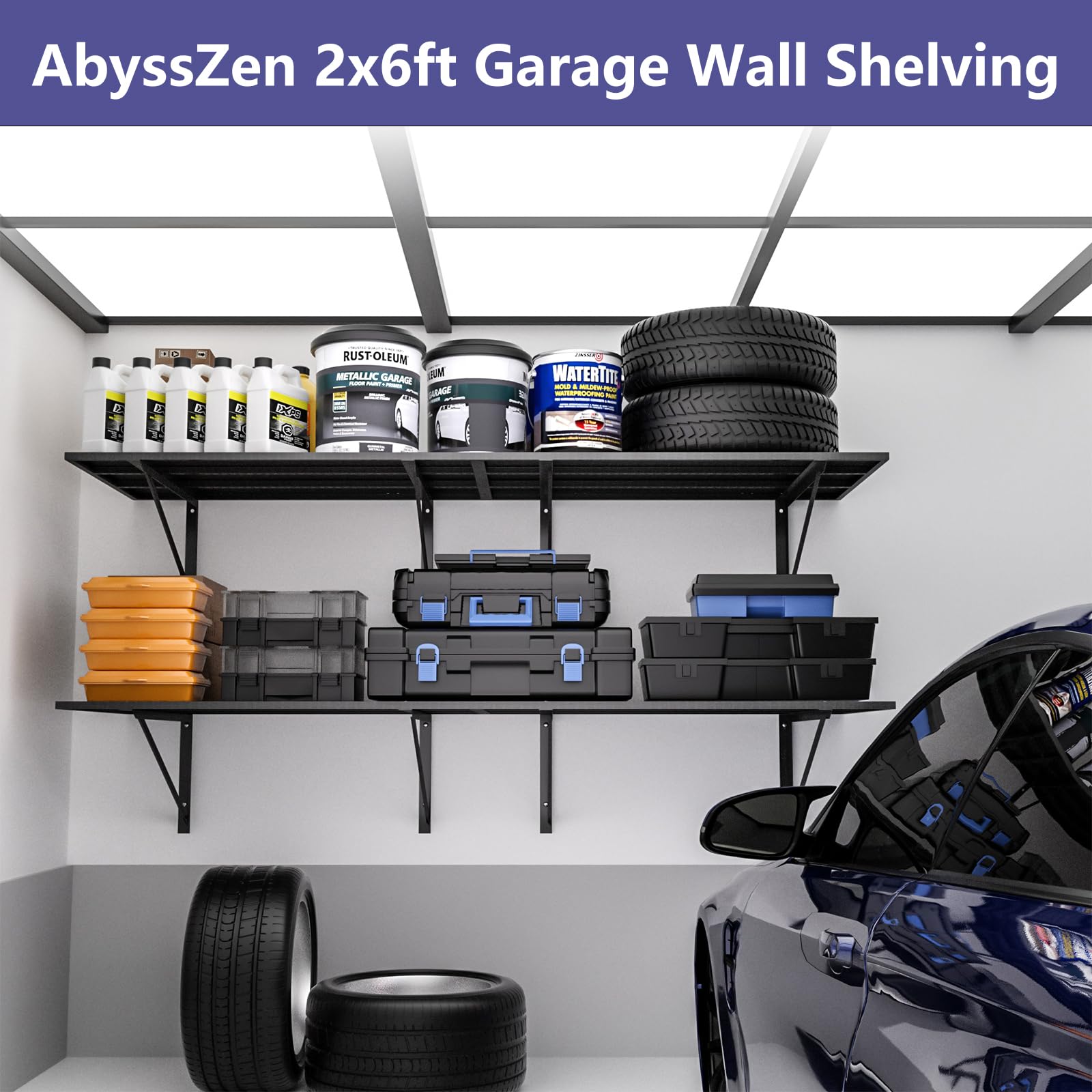 AbyssZen 2Pack 2x6ft Garage Shelving, New Upgraded Whole Iron Plate Structure, 24“ by 72” Wall Shelf Garage Storage Rack Floating Shelves, 800 LBS Weight Capacity Floating Shelves