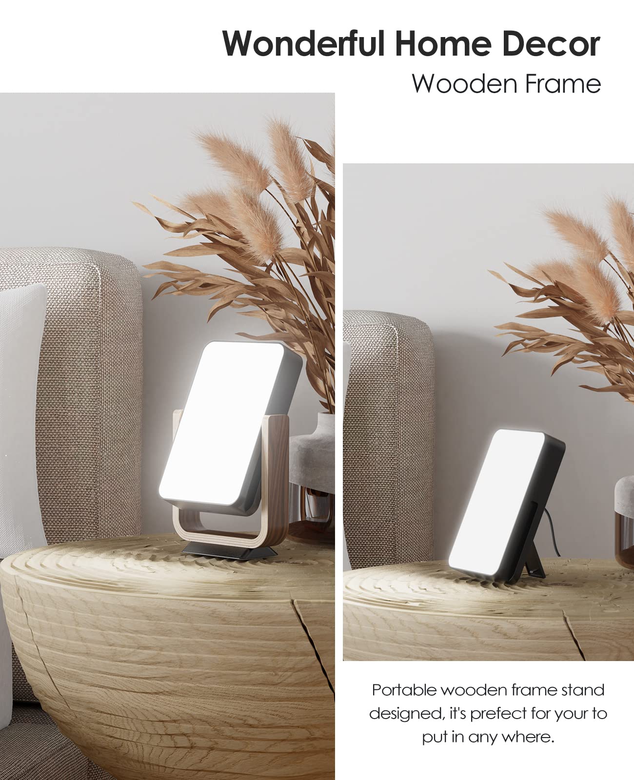 ALBINA Full Spectrum Sunlight Lamp UV-Free 10,000 Lux Sunlight Lamp with 5 Adjustable Brightness 4 Timer Function, Detachable Stand Wooden Frame, Sun Lamp for Home/Office (Walnut/Black)