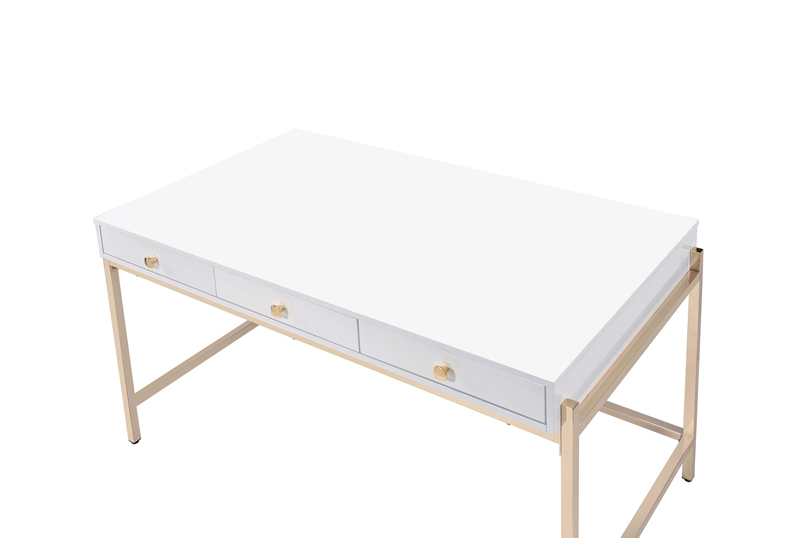 Acme Ottey Wooden Top Writing Desk with 3 Drawers in White High Gloss and Gold