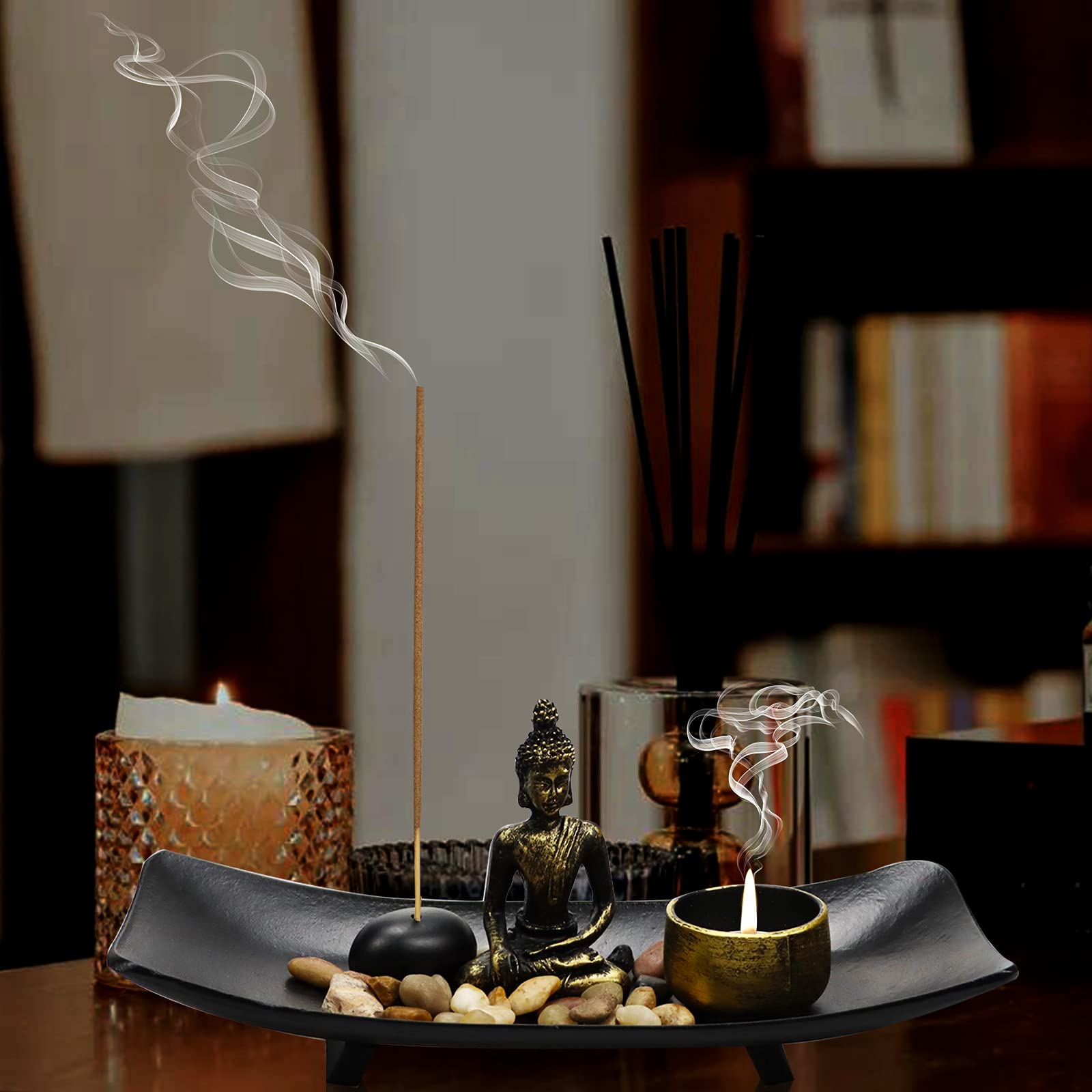 Chris.W Buddha Resin Incense Burner Holder, Zen Garden Tea Light Candle Holder, Buddha Statue Ornament for Home Office Yoga Room Decoration