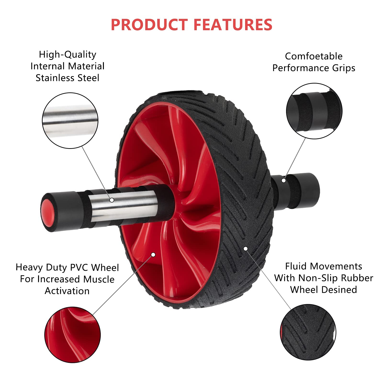 Ab Wheel Roller home workout, ab roller wheels for Abdominal & Core Strength Training,ab workout wheel for Home Gym Fitness,Suitable for Beginner and Advanced Level(red)-ab roller kit