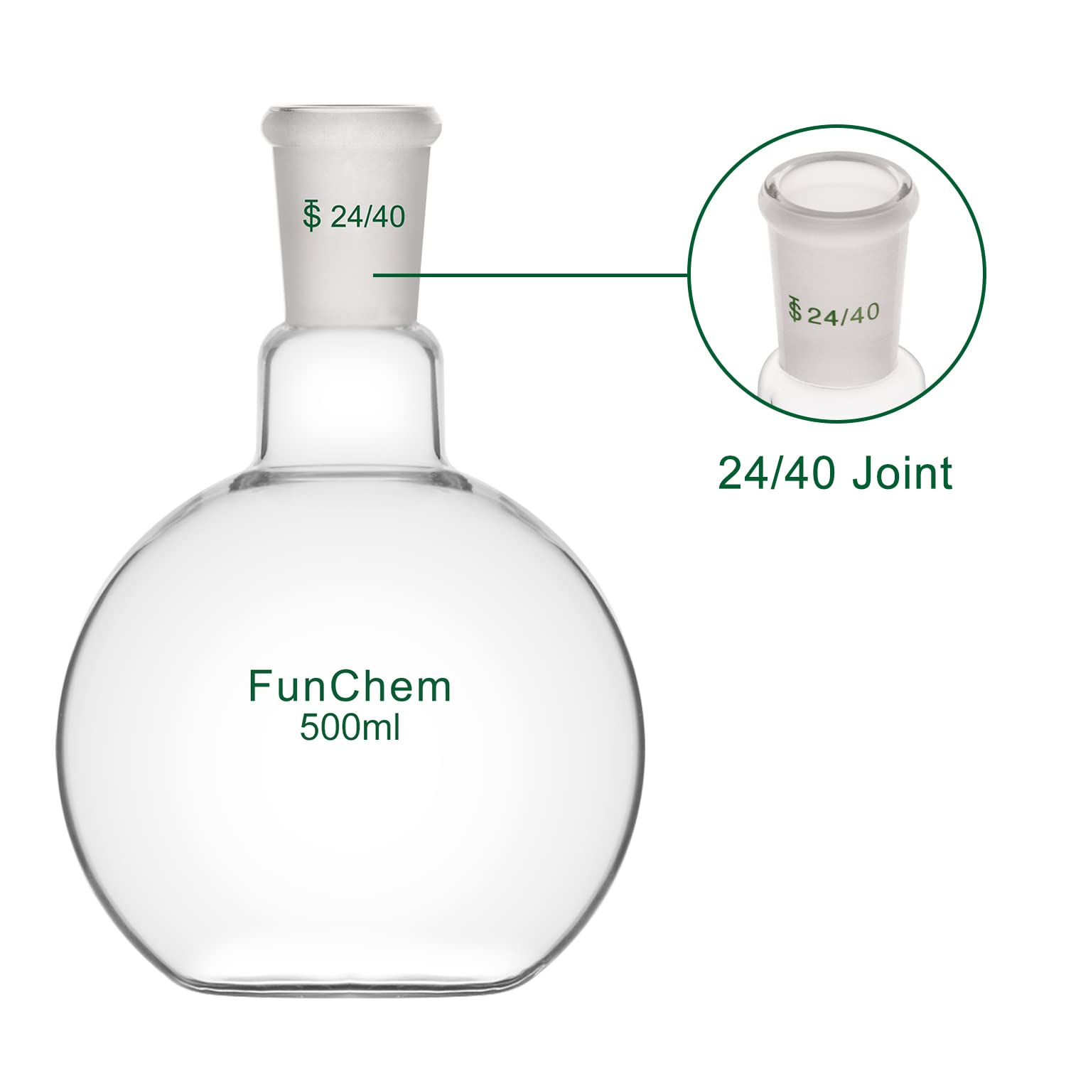FunChem Single Neck 1 Neck Glass Lab Flat Bottom Boiling Flask FBF, 24/40 Standard Taper Outer Joint Glass Boiling Flask, 250 ml