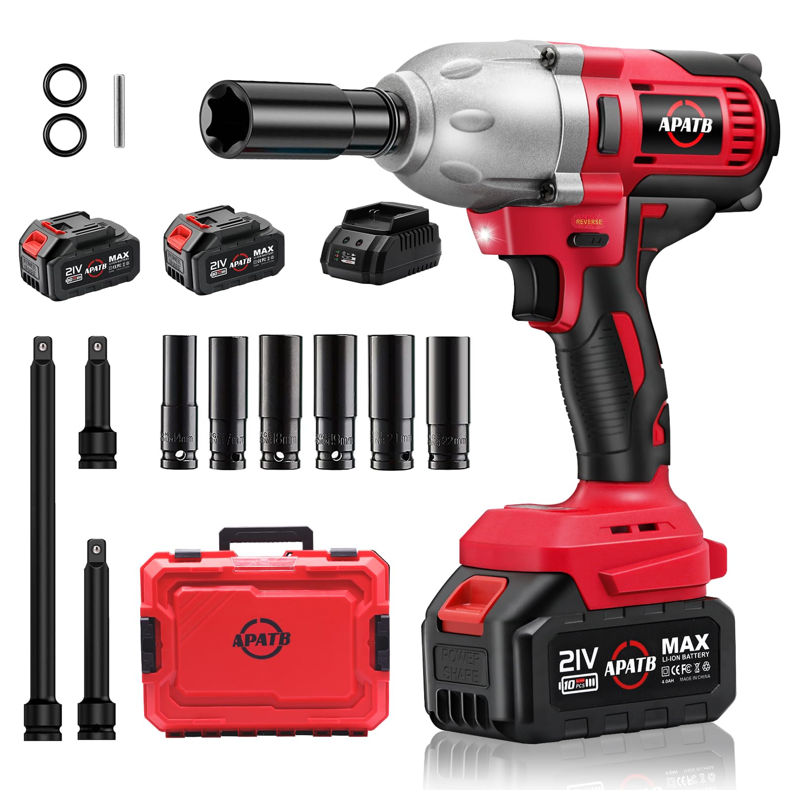 APATB 1/2 inch Impact Wrench, Max Torque 950N.m(700Ft-lbs) Cordless Brushless Impact Wrench, 3300RPM High Torque Electric Impact Gun with 2x 4.0Ah Li-ion Battery, Charger, 3 Extension Bars, 6 Sockets