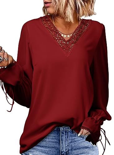 Dokotoo Fall Blouses for Women Long Sleeve Shirts Lace Trim V Neck Chiffon Solid Color Tunic Tops Loose Fit Stylish Burgundy Tops Casual Spring Summer Flowy Work Shirts Large