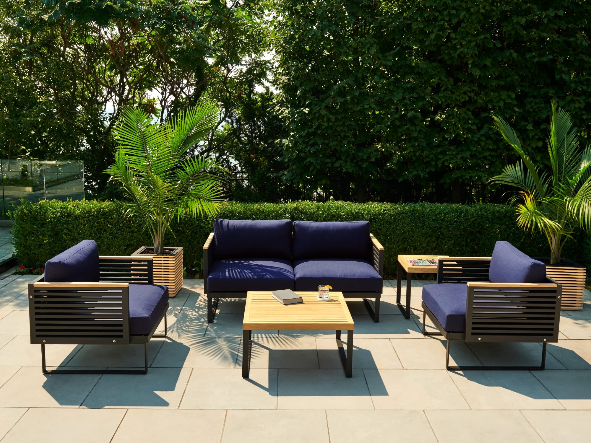 NewAge Products Outdoor Furniture Monterey 3 Piece Chat Set with Coffee Table, Patio Conversation Sets, Aluminum + Teak, Cast Silver, 91210