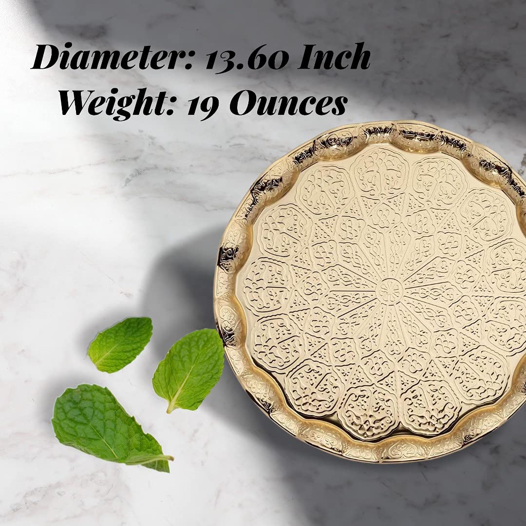 Alisveristime Turkish Ottoman Coffee Tea Serving Tray β 13.60 inches, Metal with Traditional Motifs, Available in Five Colors (Gold)