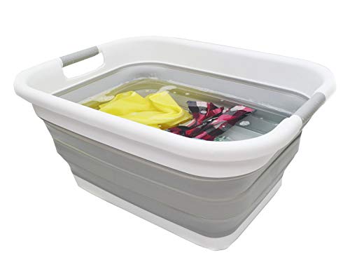 SAMMART 41L Set of 2 Collapsible Plastic Laundry Basket - Foldable Pop Up Storage Container/Organizer - Portable Washing Tub - Space Saving Hamper/Basket (2, White/Grey)