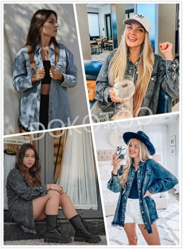 Dokotoo Women's Washed Boyfriend Oversized Lapel Button Up Long Sleeve Denim Trucker Jacket Distressed Ripped Denim Jackets Fashion Distressed Jean Jacket for Women with Pockets, (US 8-10) M,Sky Blue