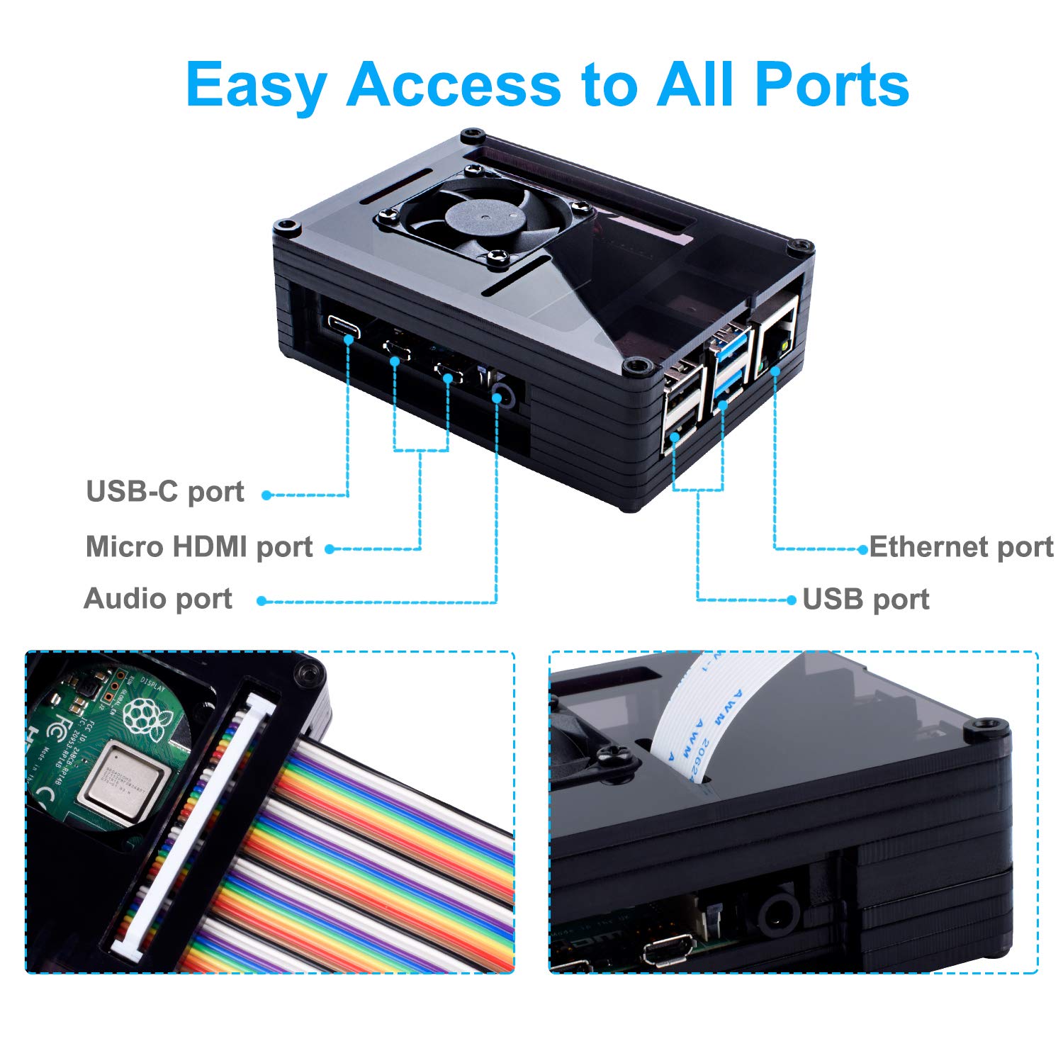 Miuzei Pi 4 B+ Case with Fan Cooling Pi 4B Case with 5V 3A USB-C Power Supply 4Pcs Heat-Sinks