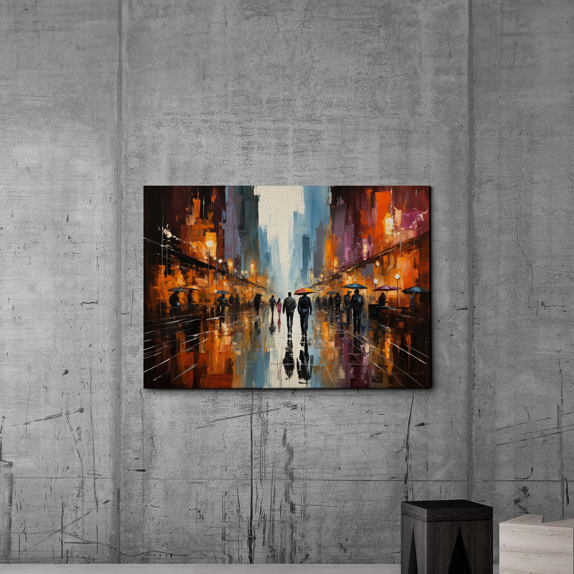 Abstract Wall Art Rain Modern Canvas Art Prints Girl Umbrella with Red Dress Walking in Street Figure Artwork, love