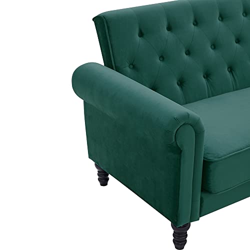 Classic Sofa Couch Mid Century Upholstered Velvet Fabric Tufted Sofa with Scroll Arms for Living Room Bedroom Apartment (Green) (CY001)