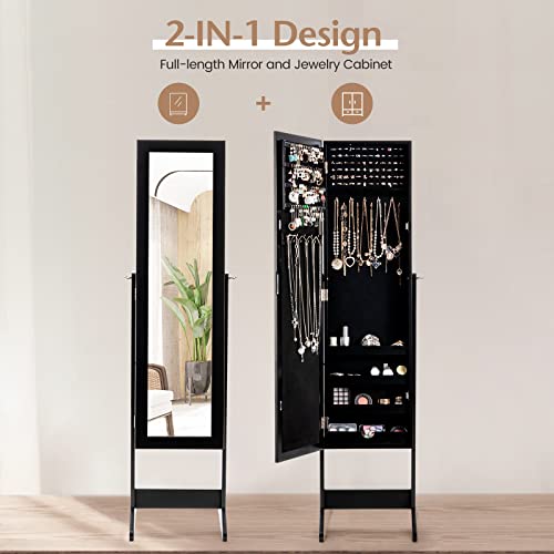 COSTWAY Jewelry Armoire Cabinet, Standing Jewelry Organizer with Full-length Mirror & 3 Adjustable Angles, Large Storage Capacity Jewelry Cabinet for Bedroom, Dressing Room (Black)