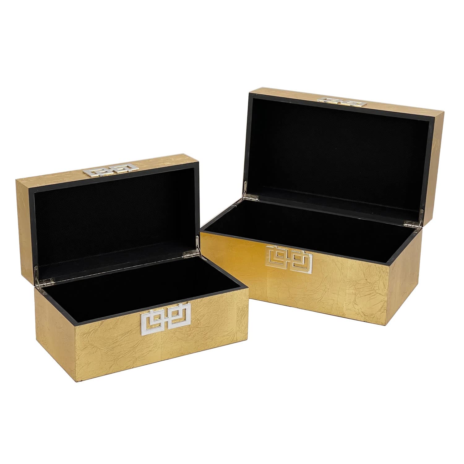Galt International Storage Box Set Decorative Storage Box w/Hinged Lid Classic Design Wood Decor Boxes with Geometric Clasp Storage for Bedroom & Home - Set of 2 (Black & Gold)