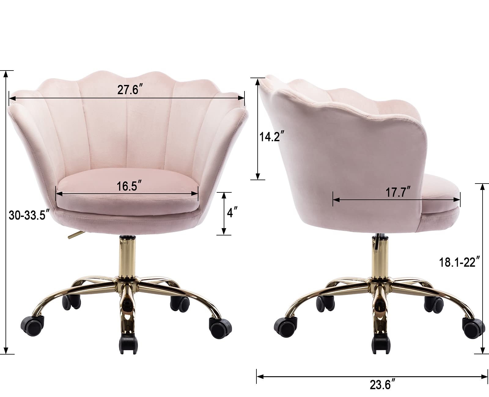 CIMOTA Desk Chair Velvet Cute Adjustable Vanity Chair Modern Home Office Chair Scalloped Task Chair with Wheels for Teens Adults Bedroom/Study/Make Up/Computer Room, Light Pink