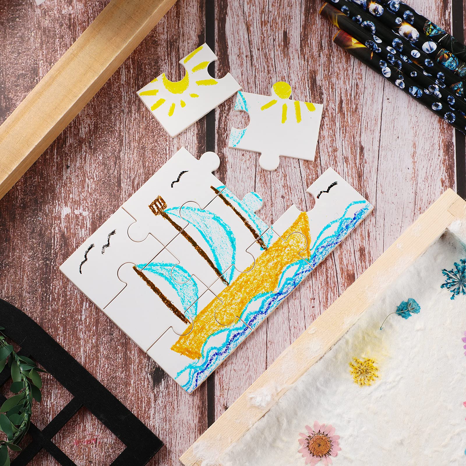 Christmas Blank Jigsaw Puzzle 9 Pieces 1.7 x 1.18 Inch White Blank Puzzle Rectangle Decorating Puzzle for Decorating Boys and Girls Art Activity, Wedding Birthday Party, 5.12 x 3.54 Inches