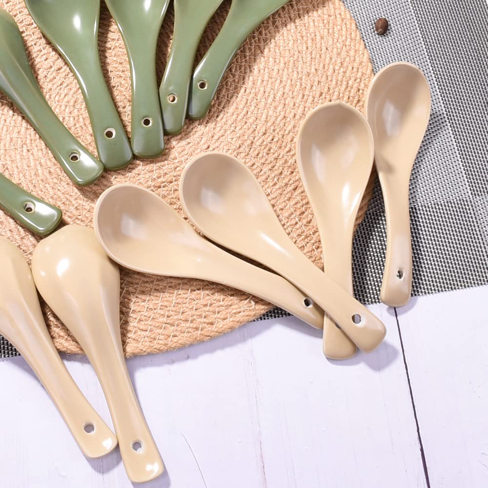 Ceramic Soup Spoons Set of 6 Nordic Style Small Spoon for Ramen Pho Dessert Ice Cream Wonton Beige