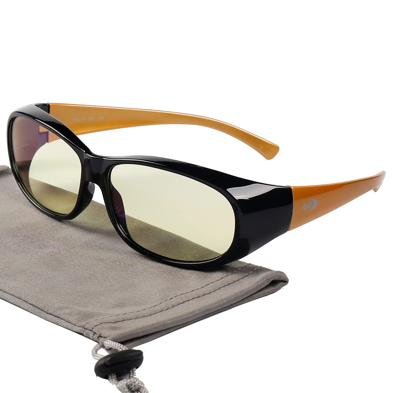 AHT Fit Over Blue Light Blocking Glasses Computer Gaming Eyeglasses for Women and Men, Fitover Your Prescription or Reading Glasses, Sleep Better, Reduce Eye Strain(Black-Glod)