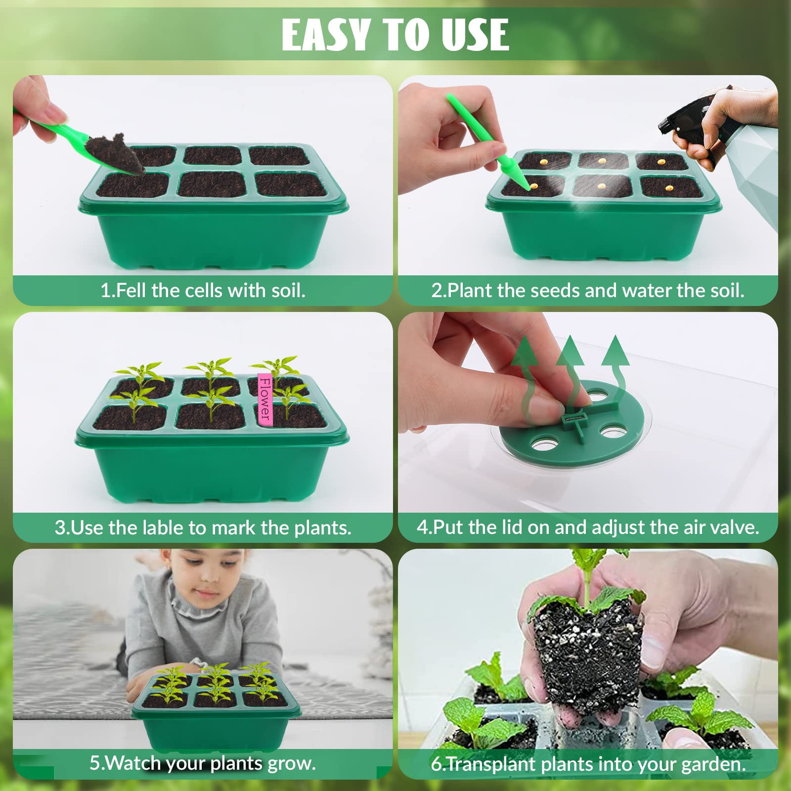 5 Packs Seed Starter Tray Seed Starter Kit with Air Vent Humidity Dome Drain Hole Base (30 Cells Total Tray) Seed Starting Trays Plant Starter Greenhouse Germination Kit for Seeds Growing Starting