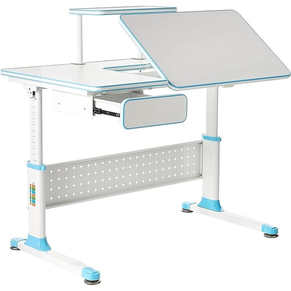 ApexDesk Height Adjustable Study Desk 43" w/Integrated Shelf & Drawer Little Soleil DX Series, Blue Desk Only