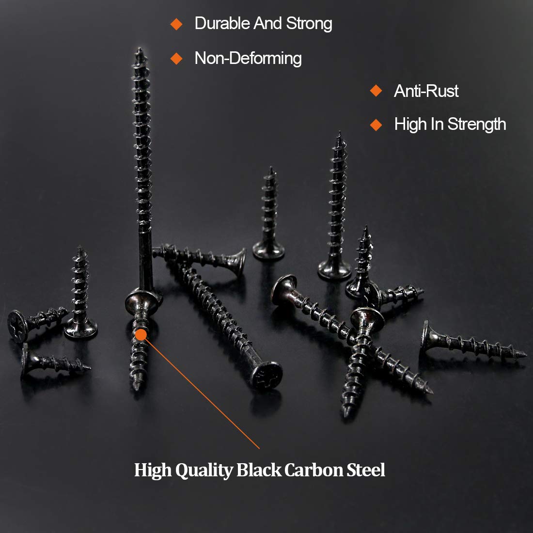 Rustark 390-Pcs #7 Coarse Thread Drywall Screw with Phillips Drive Black Oxide Finsh Bugle Head Wood Screws Assortment Kit Ideal for Drywall Sheetrock