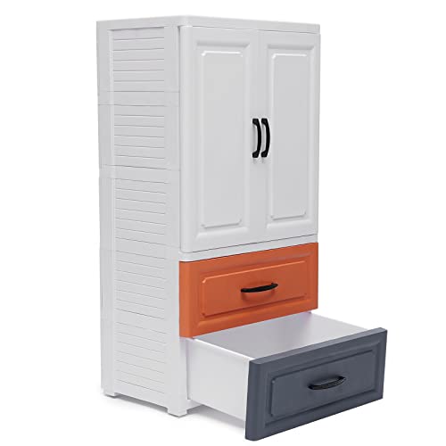 Plastic Drawers Dresser Rolling Plastic Storage Dresser Storage Cabinet on Wheels with 2 Large Drawers and Top 1 Large Cabinet (22.4"L x 15.7"D x 43.3"H)