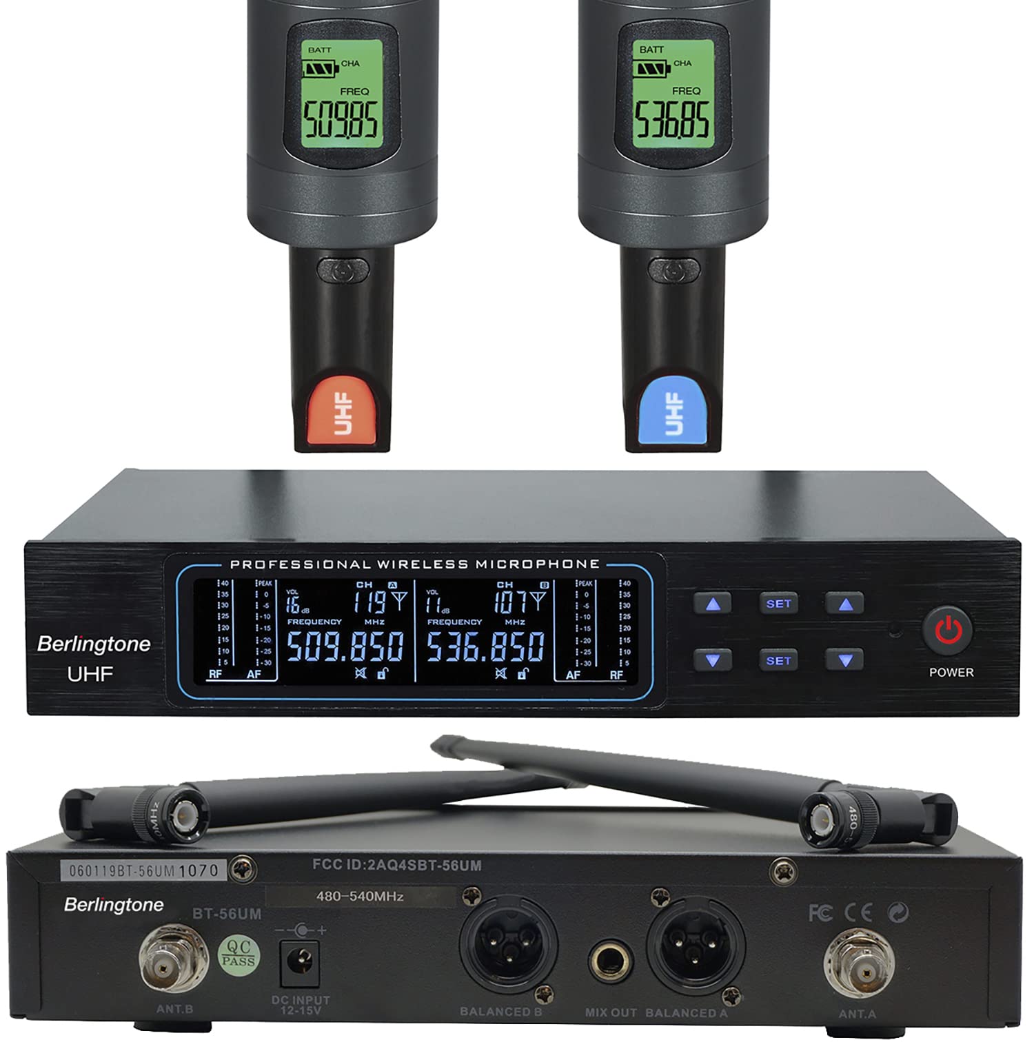 Berlingtone Wireless Microphone System, 2 Handheld Dynamic Microphones,120- Adjustable Frequency Channel, Metal case and mic for Karaoke, Meeting, Party, Church, DJ, Wedding, up 260ft Range (BR-56UM)