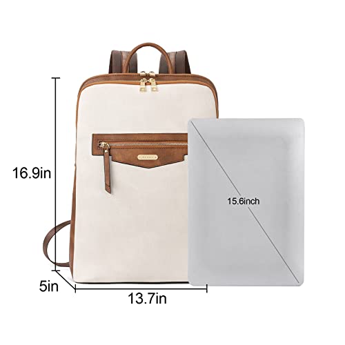 CLUCI Leather Laptop Backpack for Women 15.6 inch Computer Bag Travel Business Daypack Coarse grain beige with brown