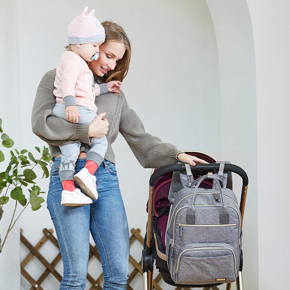 iniuniu Diaper Bag Backpack, Large Unisex Baby Bags Multifunction Travel Backpack for Mom and Dad with Changing Pad and Stroller Straps, Gray