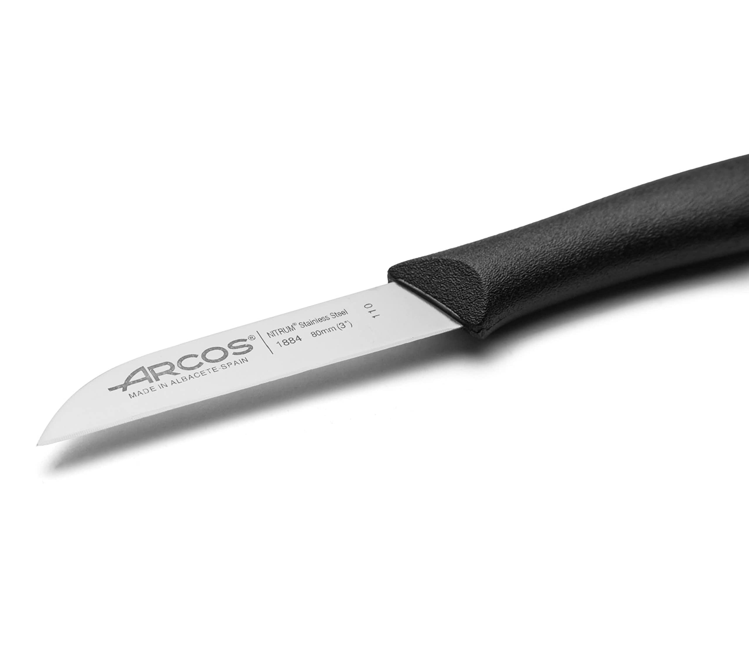 ARCOS Paring knife 3 inches Nitrum Stainless Steel.Paring Knife for Peeling Fruits and Vegetables. Ergonomic Polypropylene Handle and blade 80 mm. Innovation, Elegance. Series Nova. Color Black.