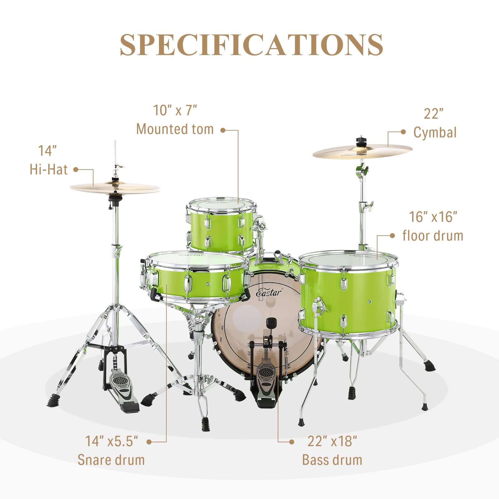 Eastar 4 Drum 2 Cymbal Drum Set for Adults, 18'' Complete Drum Kit for Intermediate Drum Play, Green (EDS-540GN)