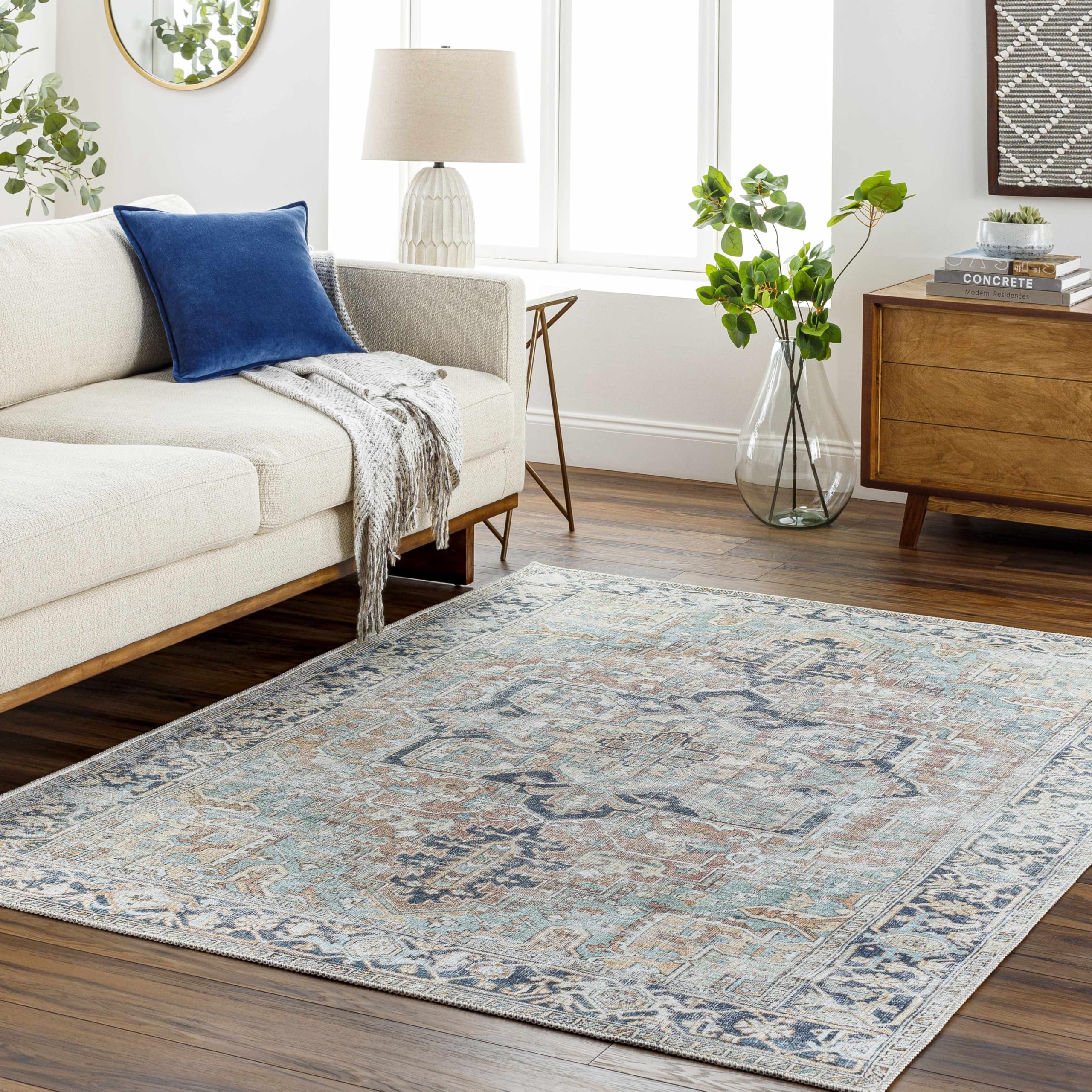 Hauteloom Nisa Living Room, Bedroom Machine Washable Area Rug - Traditional - Sage, Brick Red, Navy - 7'6" x 9'6"