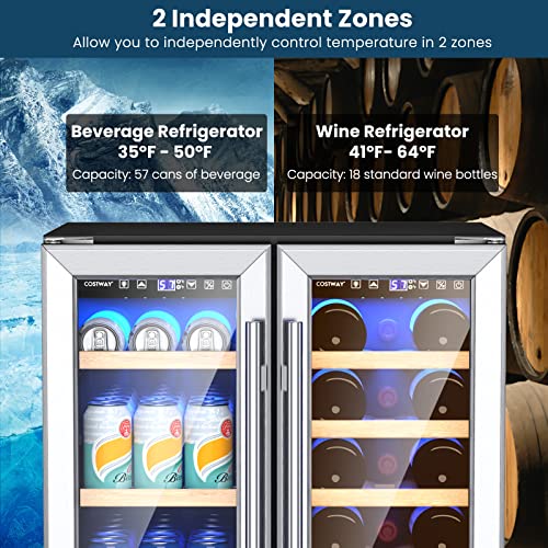 COSTWAY Wine and Beverage Refrigerator, 24 Inch Dual Zone Under Counter Wine Cooler w/Lock, 19 Bottles & 57 Cans Beverage Fridge Cooler, Built-In or Freestanding Beer Wine Fridge for Home Kitchen Bar