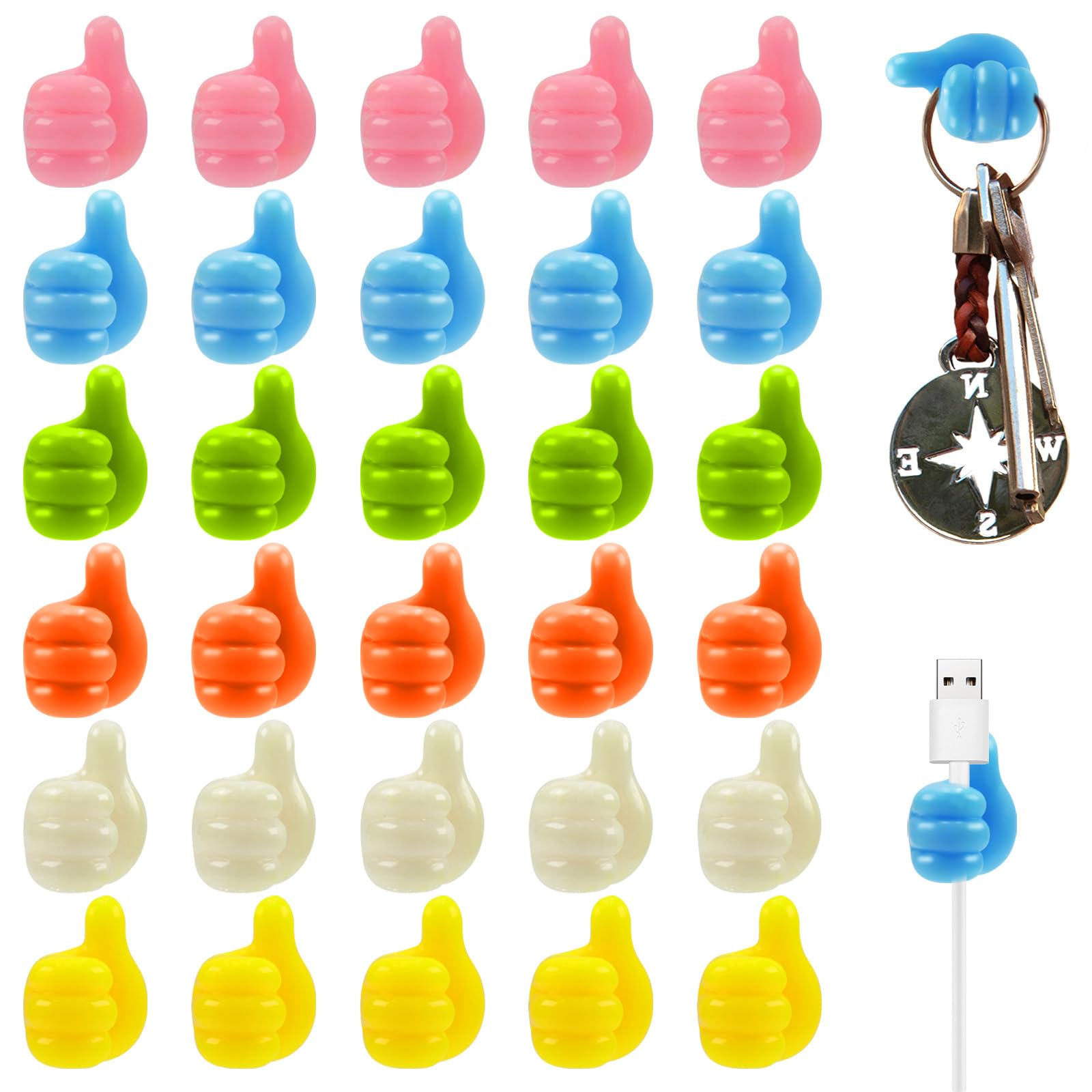 Aphrordity 30 Pcs Self Adhesive Silicone Thumb Hooks, Waterproof Cable Holder Wire Cord Clip Management, Multifunction Thumb up Wall Hooks for Cable Clip Key Holder Wall Car Home Office 5 Colours