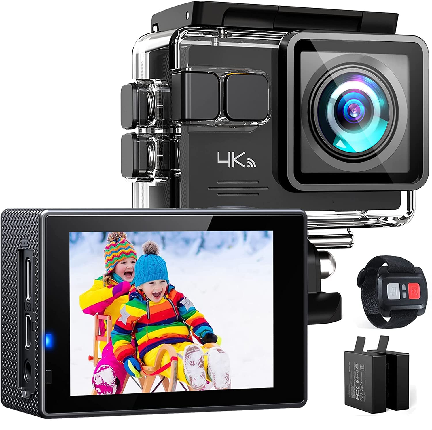 Action Camera, 4K/30FPS WiFi, 170° Wide Angle Lens EIS Waterproof Camera Underwater 40m, External Microphone Remote Control with 2 1050mAh Batteries and Accessories Mount Kit