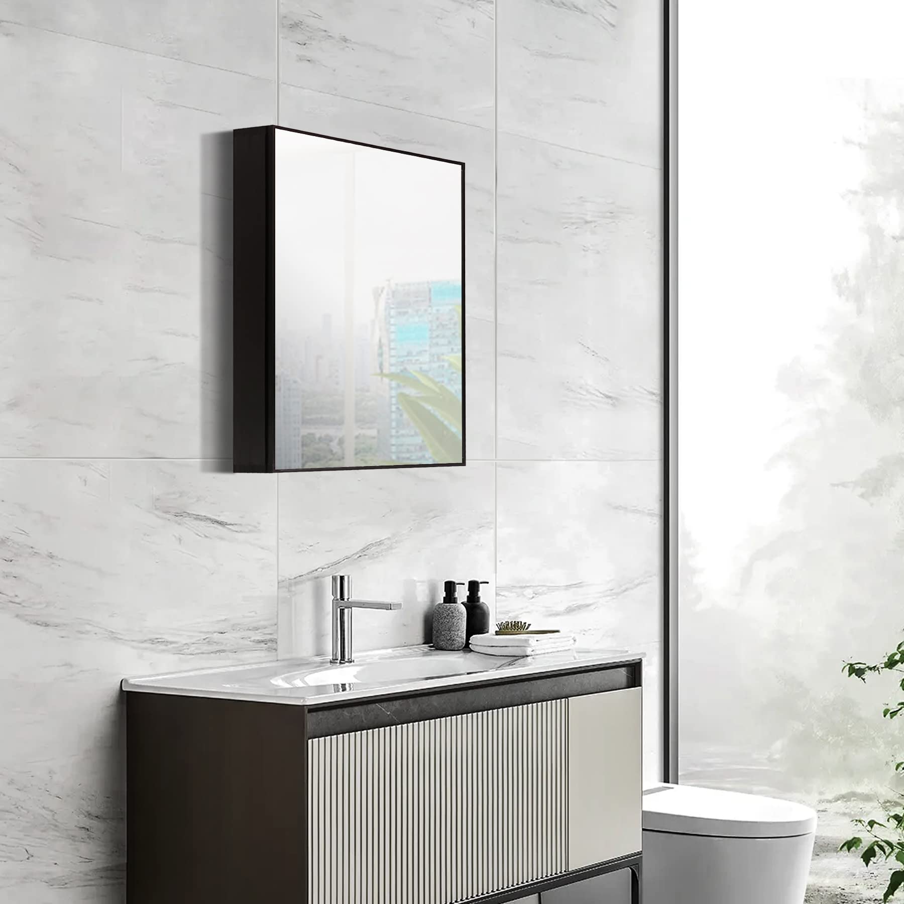 ANTIS'S HOME Medicine Cabinet, Black Bathroom Mirror with Storage, Mirror Cabinet Wall Mounted Aluminum Storage Cabinet, Rectangle Modern Vanity Cabinet, Non-recessed, 16 x 24 inch